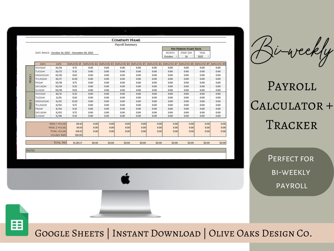 Biweekly Payroll Tracker Spreadsheet | Financial Planner | Google Sheets | Timecard | Payroll ...