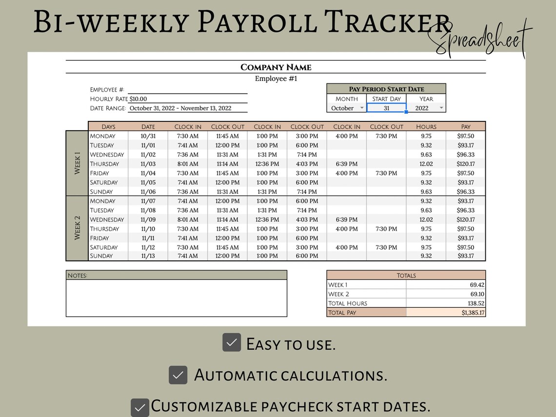 Biweekly Payroll Tracker Spreadsheet | Financial Planner | Google ...