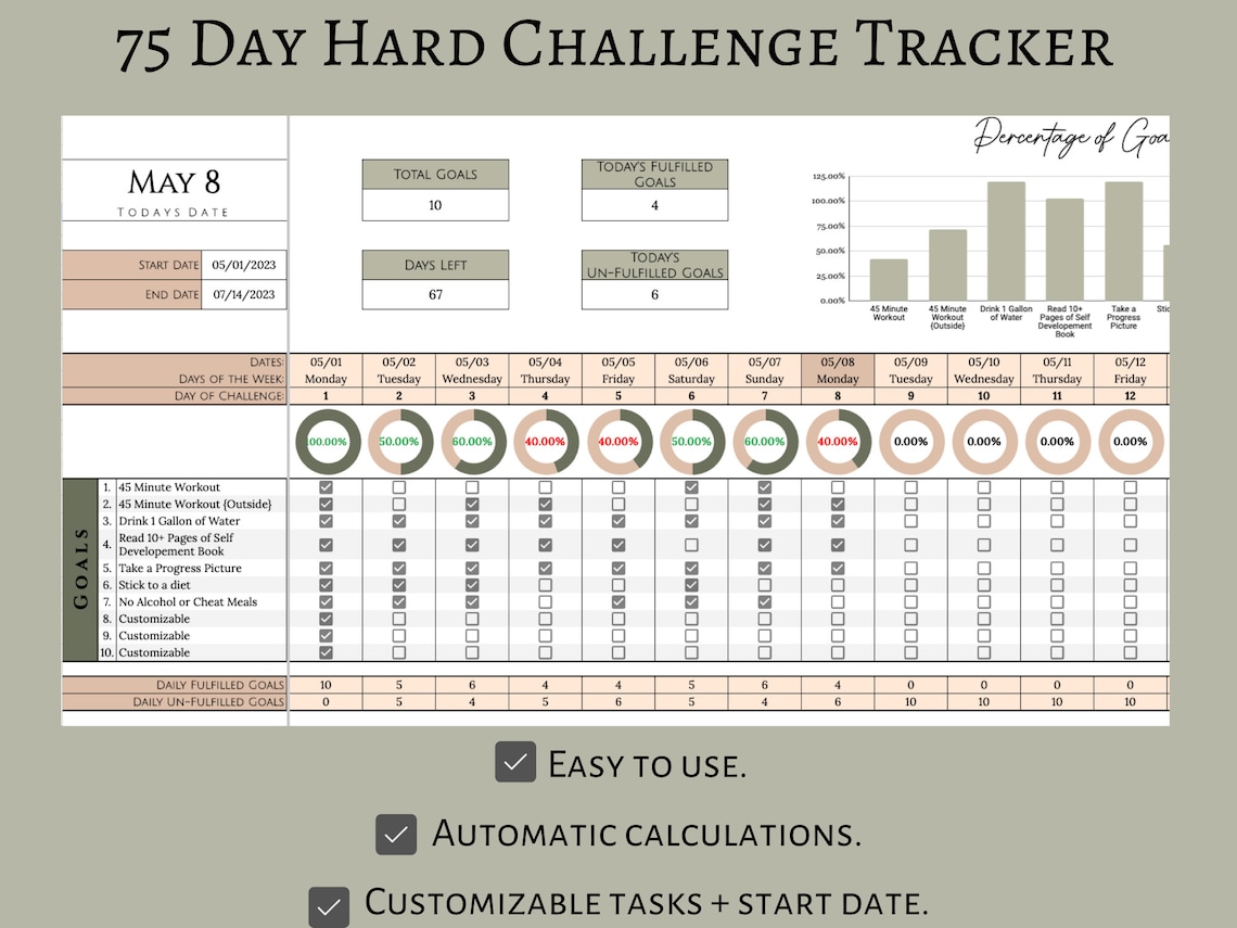 75 Day Hard Tracker Spreadsheet Planner Google Sheets Workout Tracker ...