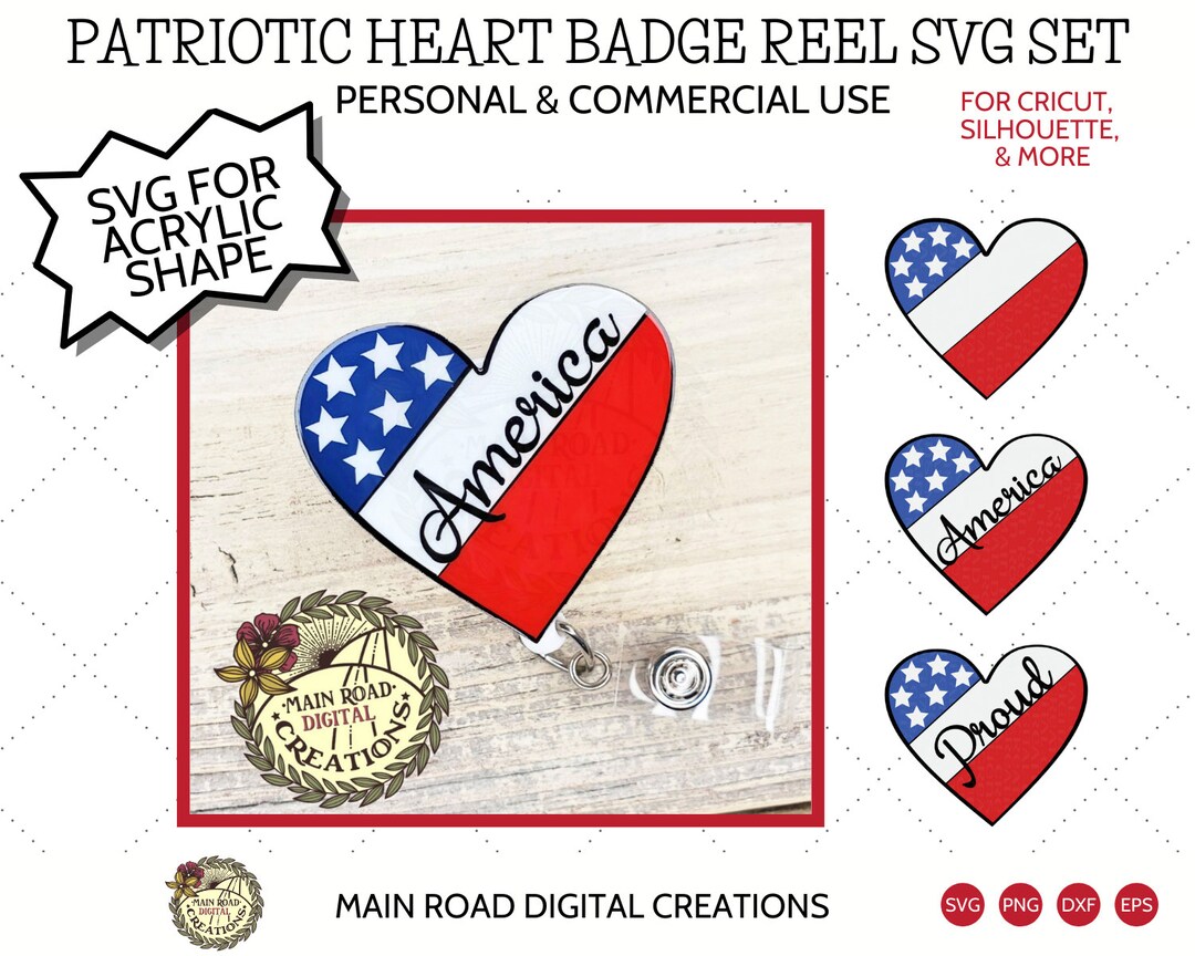 Acrylic Badge Reel Shape SVG Bundle-patriotic Heart America Red White ...