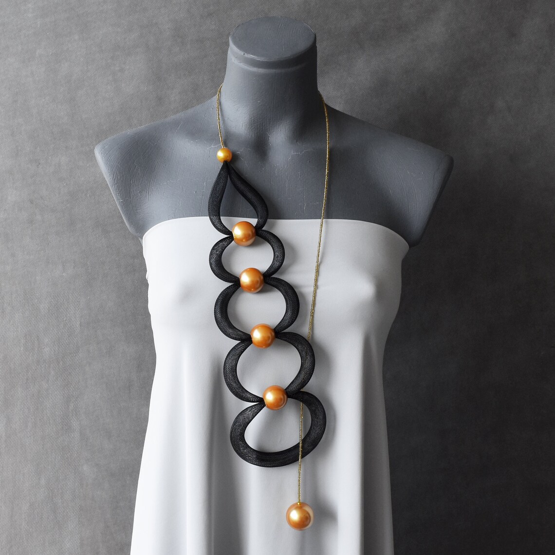 Long Adjustable Open Black Necklace With Golden Yellow Accent, Bohemian ...