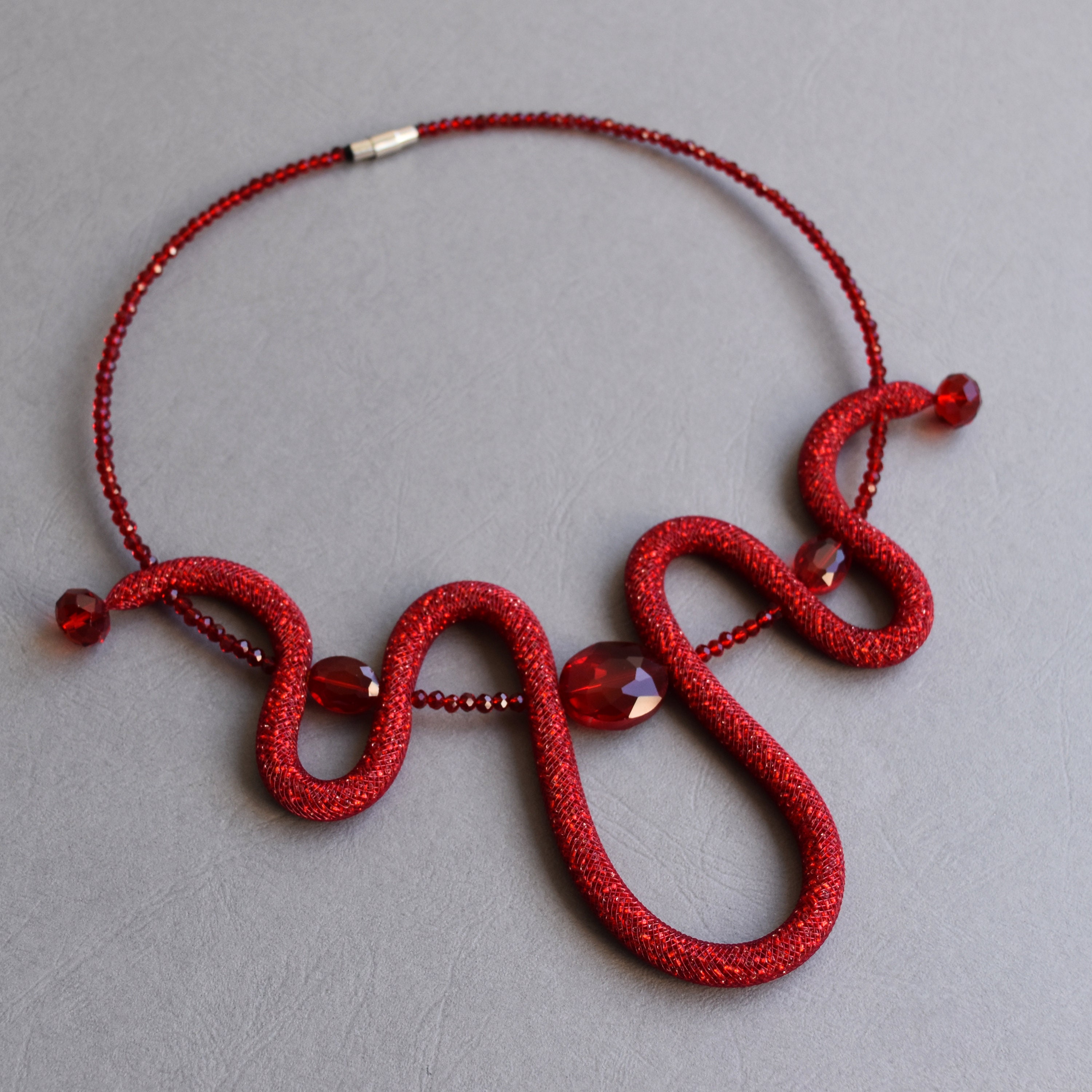 Elegant Vibrant Sparkly Short Mesh Ruby Red Necklace, Contemporary ...