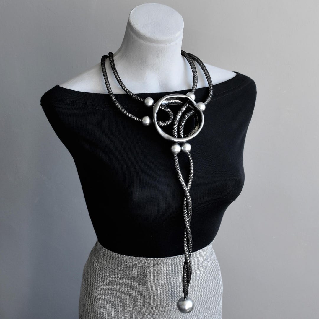 Anthracite Silver Long Necklace: Avant-garde Fashion Collar - Etsy