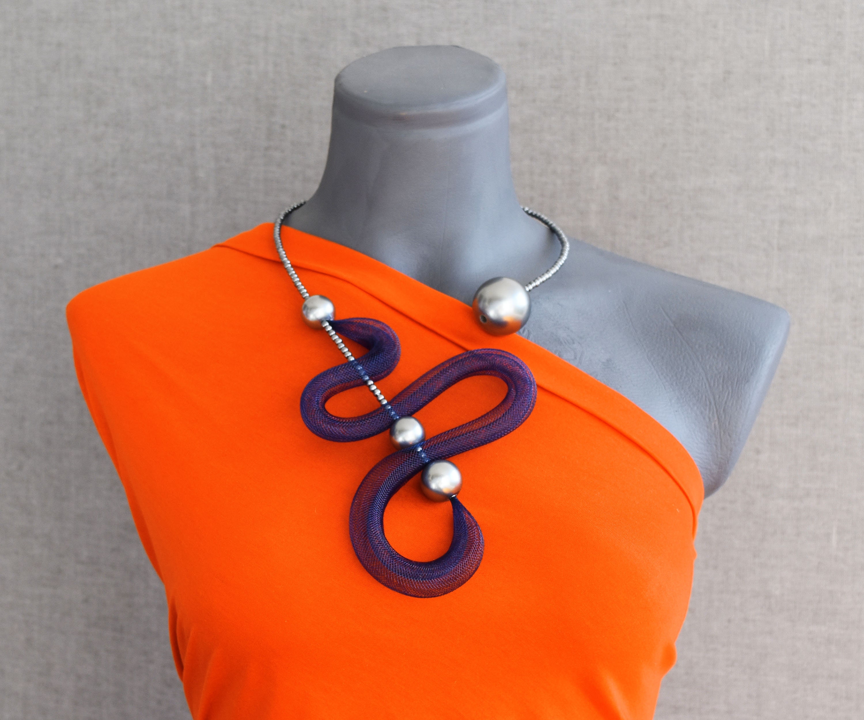 Open Art Necklace in Matte Silver and Navy Blue Combo., Contemporary ...