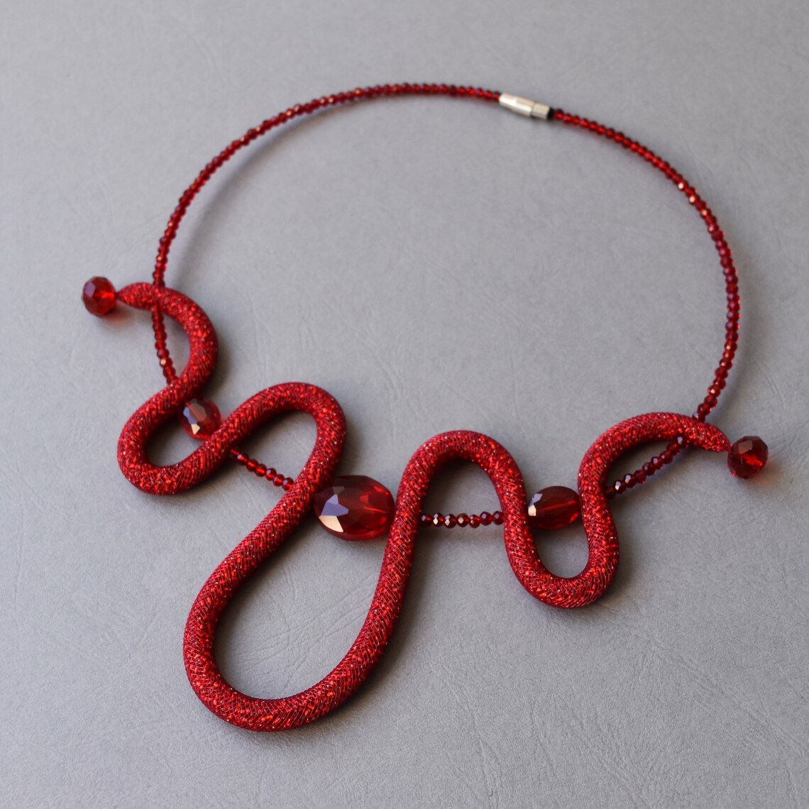 Elegant Vibrant Sparkly Short Mesh Ruby Red Necklace, Contemporary ...