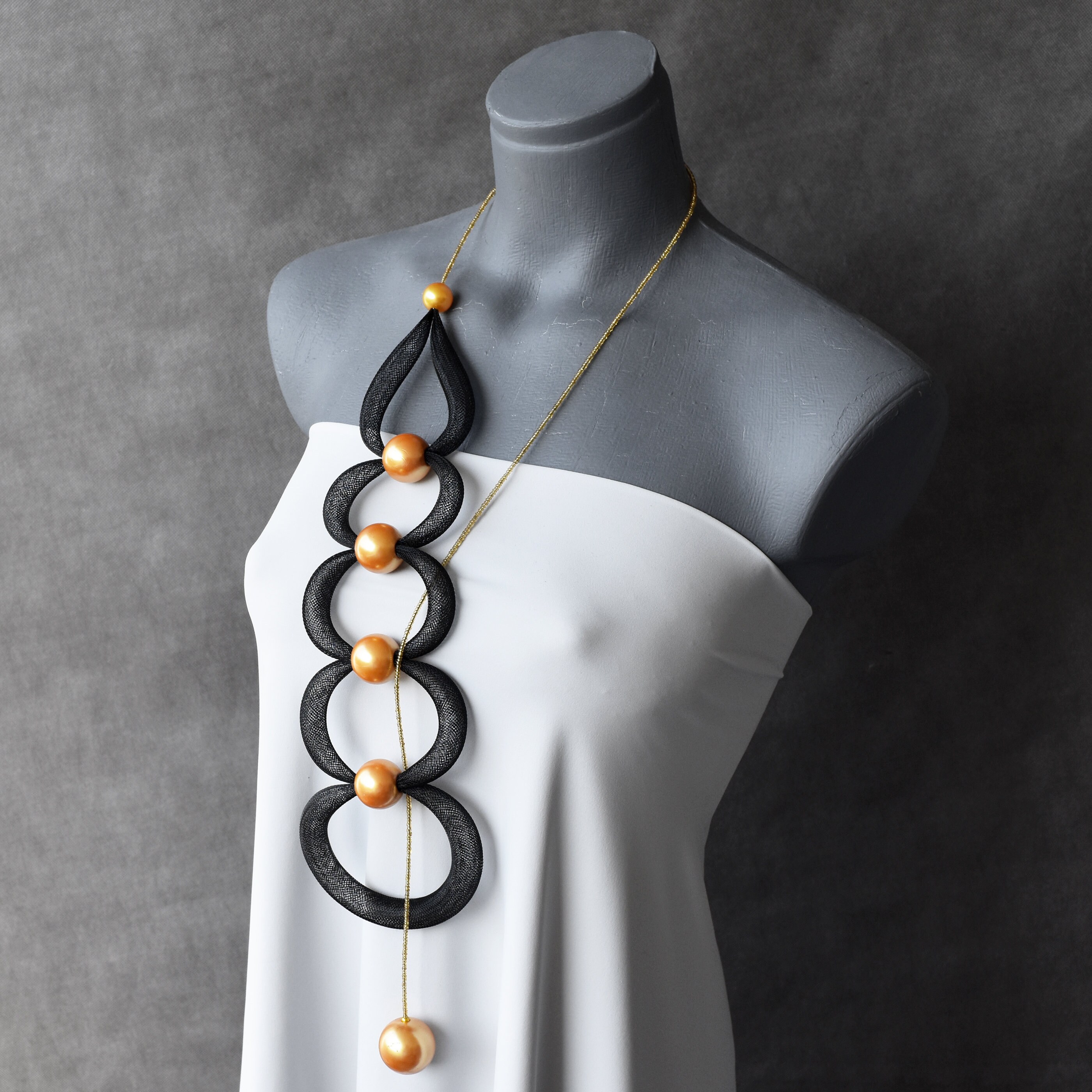 Long Adjustable Open Black Necklace With Golden Yellow Accent, Bohemian ...