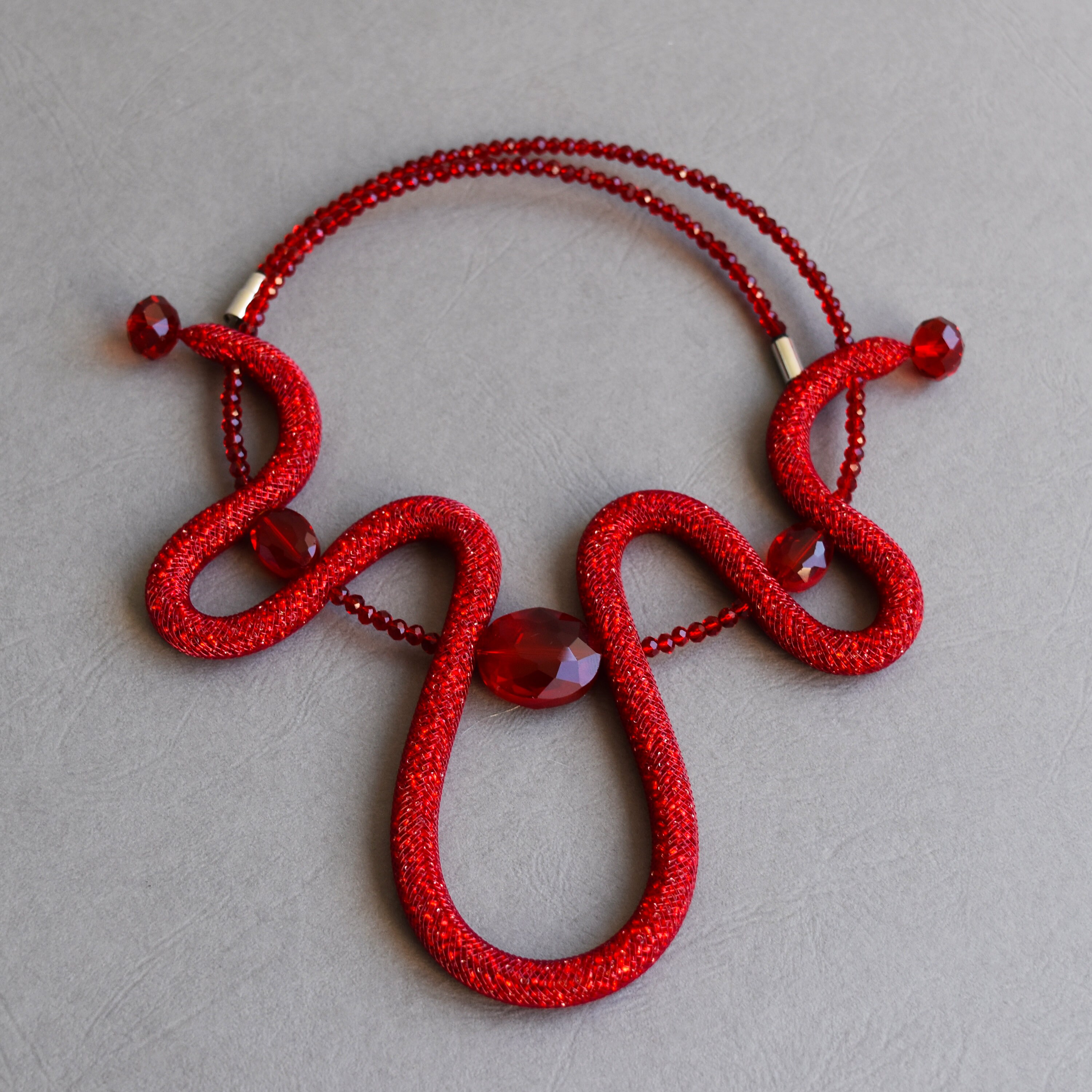 Elegant Vibrant Sparkly Short Mesh Ruby Red Necklace, Contemporary Necklace, Handmade Collar ...