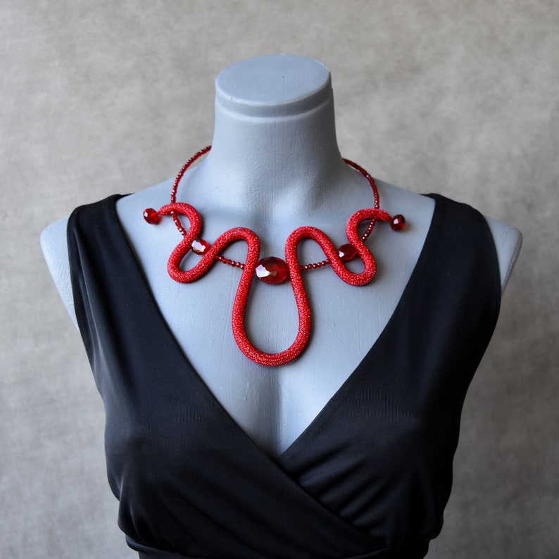 Elegant Vibrant Sparkly Short Mesh Ruby Red Necklace, Contemporary Necklace, Handmade Collar ...