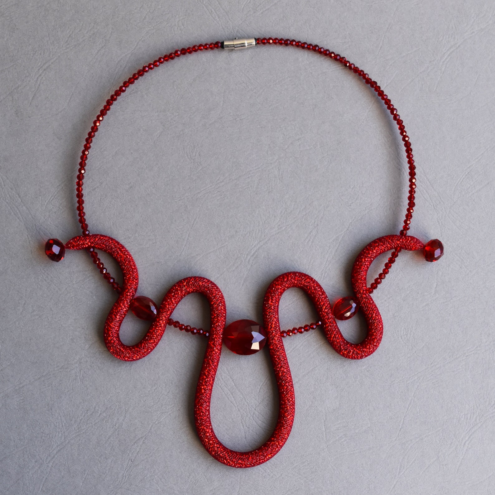 Elegant Vibrant Sparkly Short Mesh Ruby Red Necklace, Contemporary ...