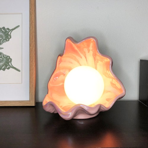 Vintage Shell Lamp 80s Blue Ceramic Glass Table Lamp - Etsy