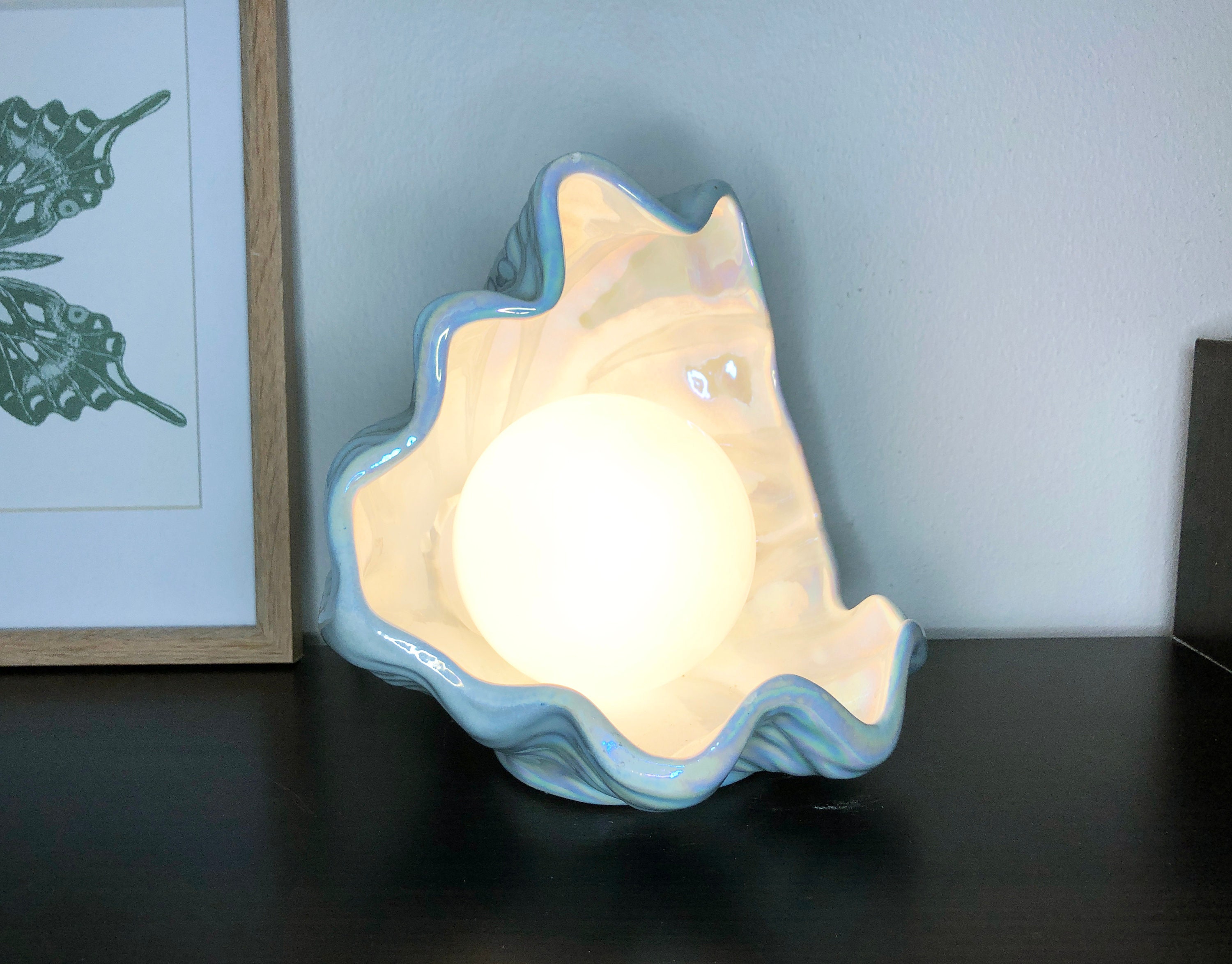 Vintage Shell Lamp 80s Blue Ceramic Glass Table Lamp - Etsy