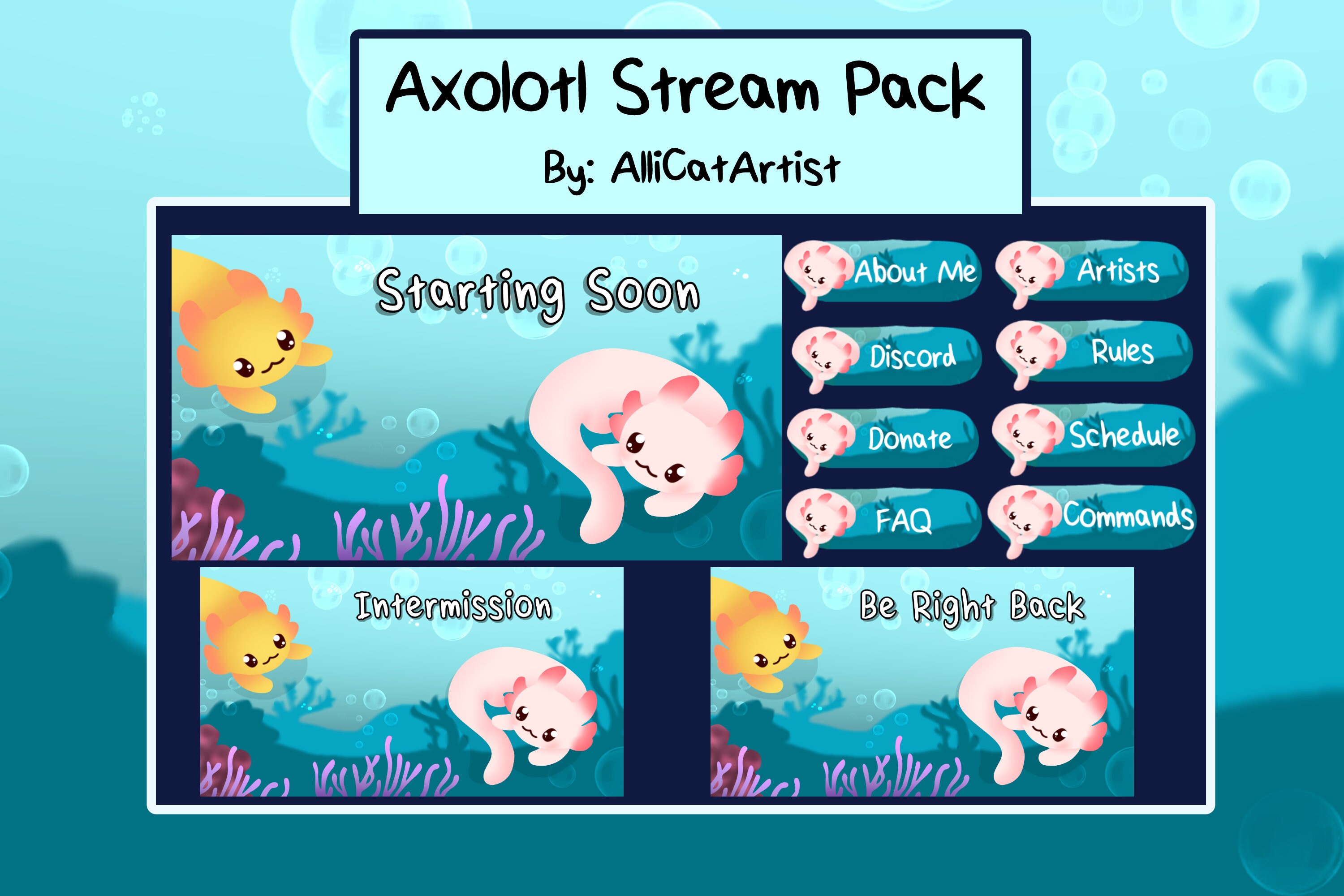 Animated Axolotl Twitch Package Blue Panels Overlay | Etsy