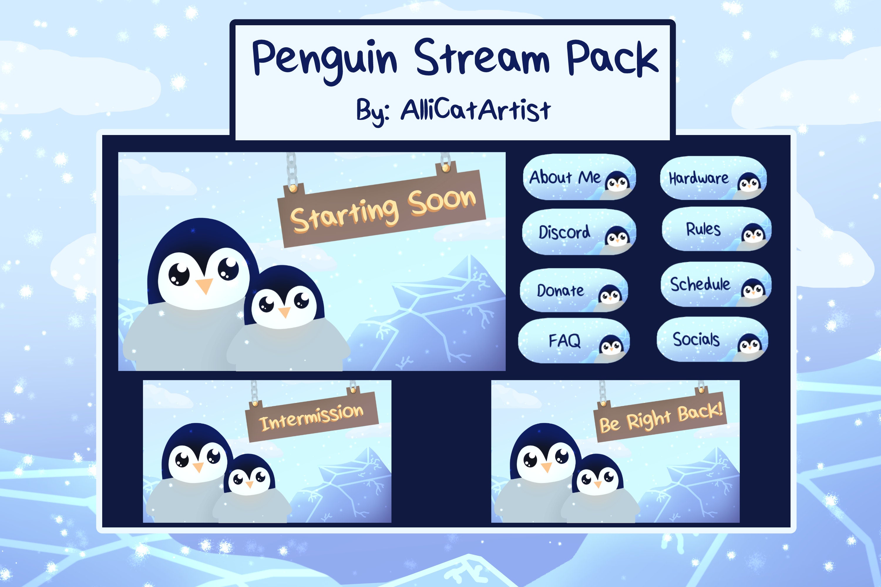 Animated Penguin Twitch Package Blue Panels Overlay | Etsy