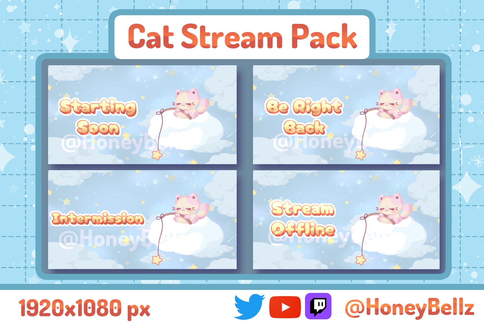 Animated Star Cat Cloud Twitch Overlays and Scenes Stream Starting, Be ...