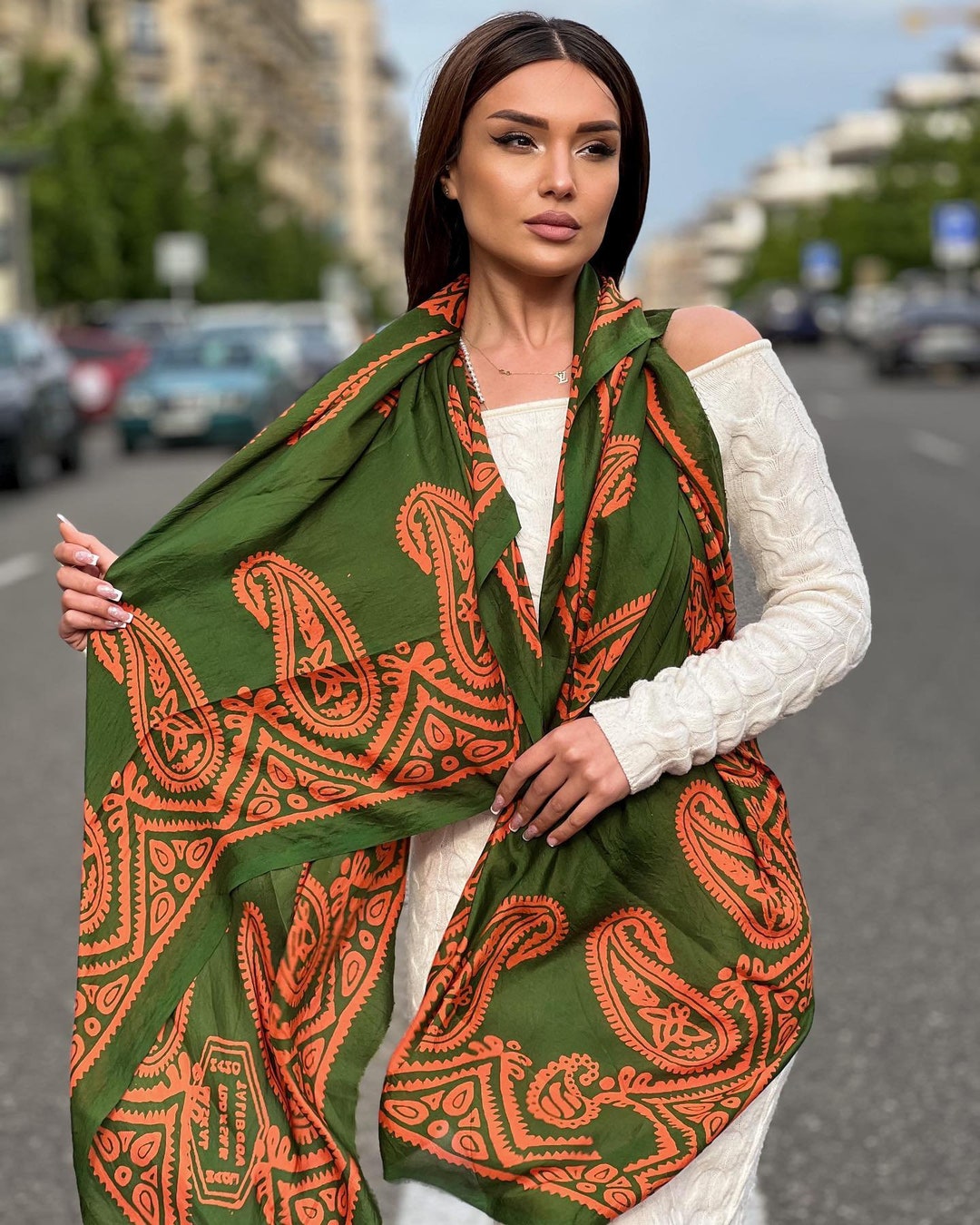 Handmade Silk Shawl, Green and Orange Kelagayi, Elegant Silk Scarf ...