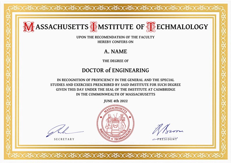 Novelty M.I.T. University Degree Certificate - Etsy