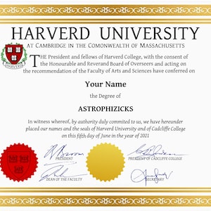 Novelty 'HARVERD' University Degree Certificate, With Gold Border and ...