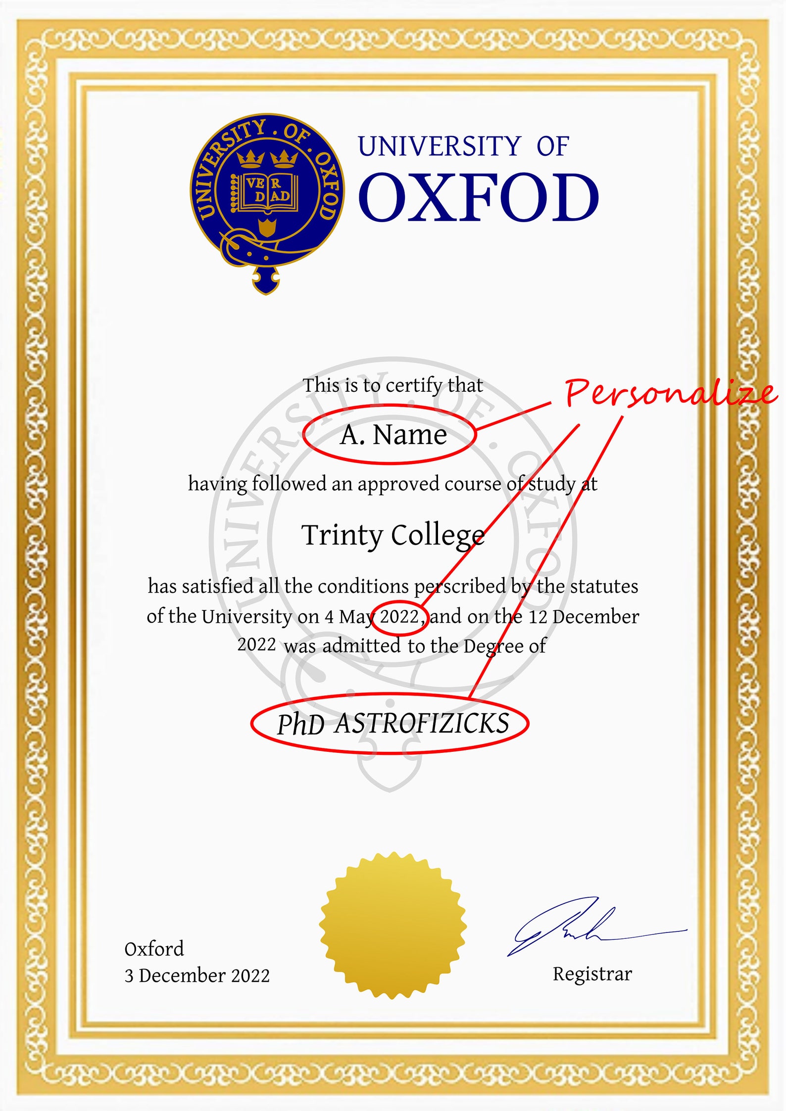 Novelty 'OXFOD' University Degree Certificate - Etsy UK