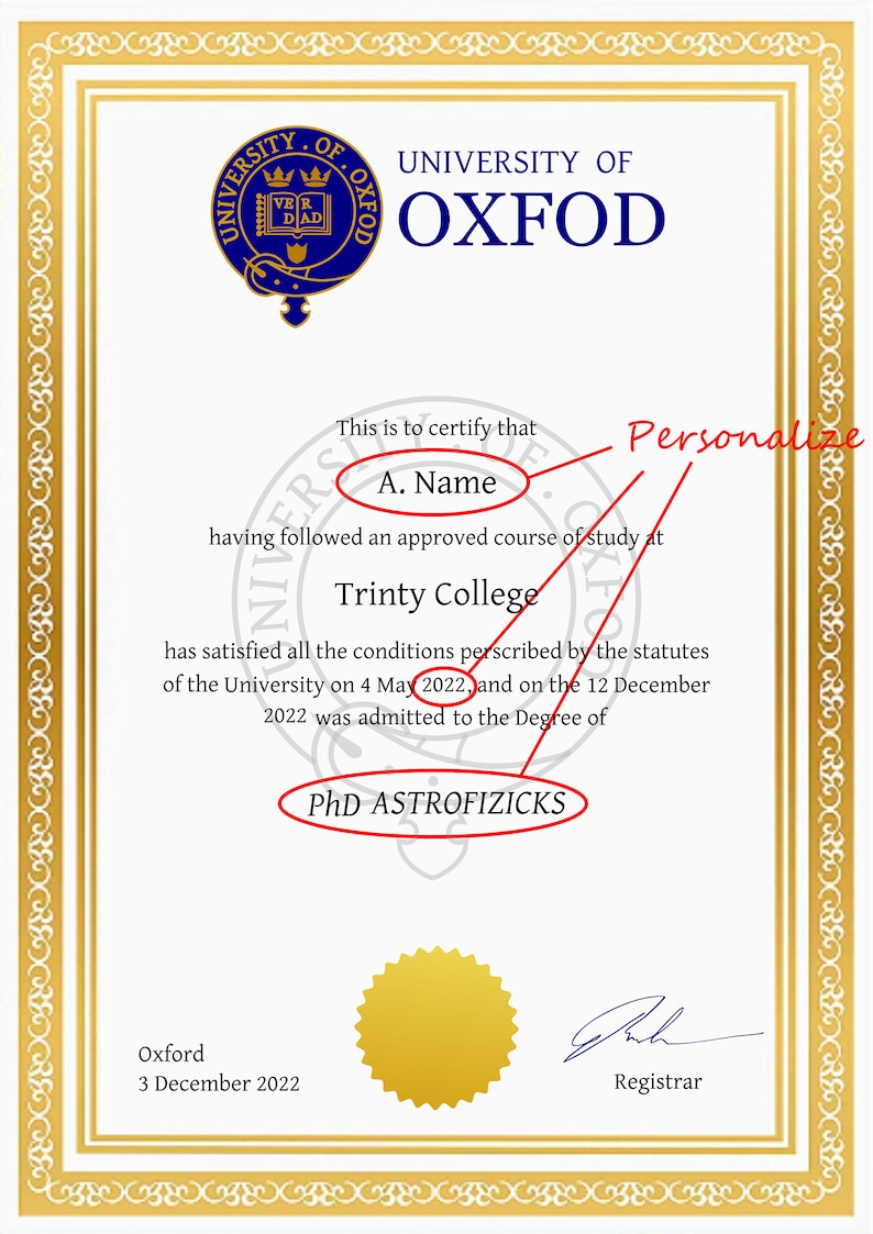Novelty 'OXFOD' University Degree Certificate - Etsy