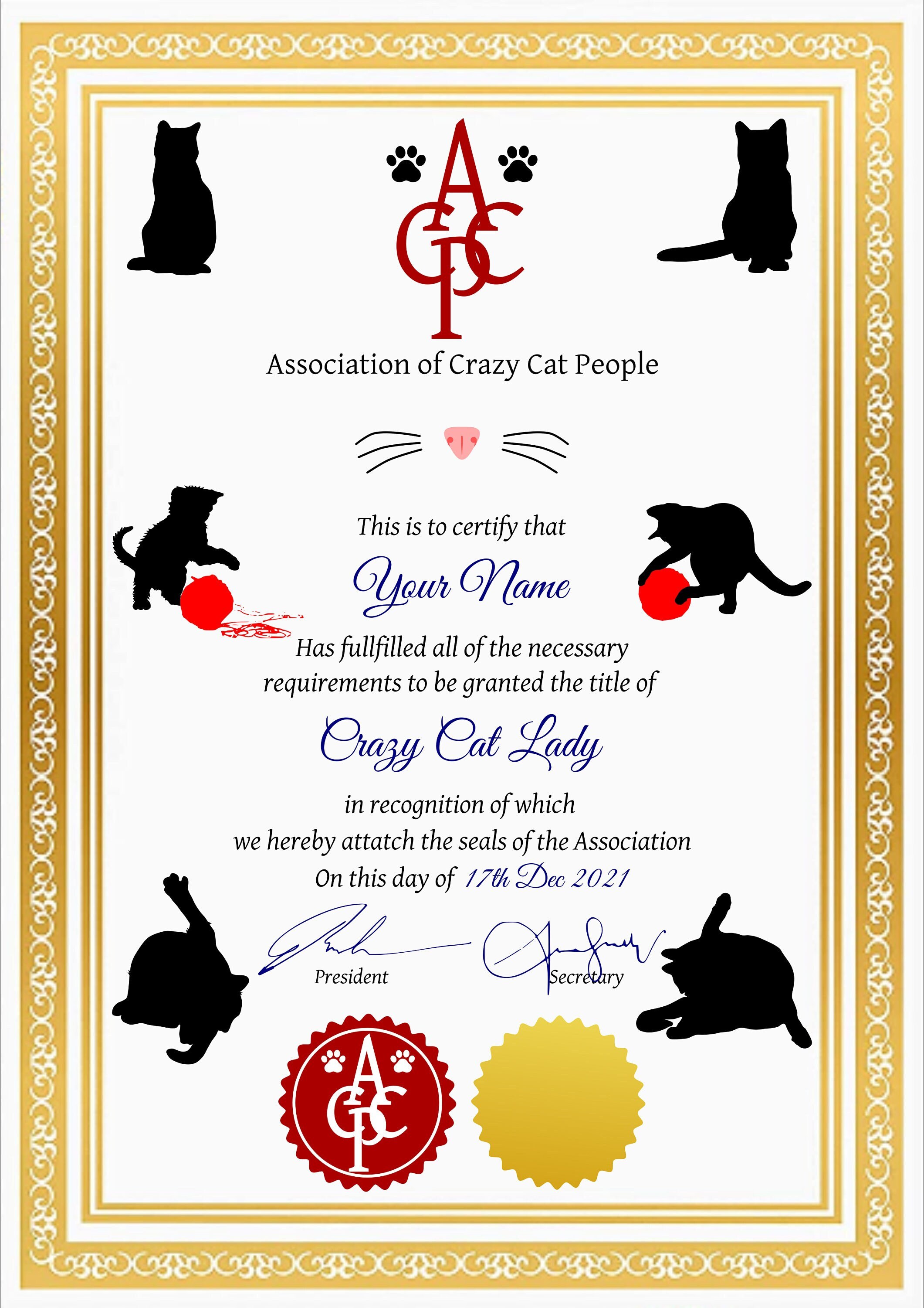 Paper & Party Supplies Paper Templates Novelty Certificate Crazy Cat ...