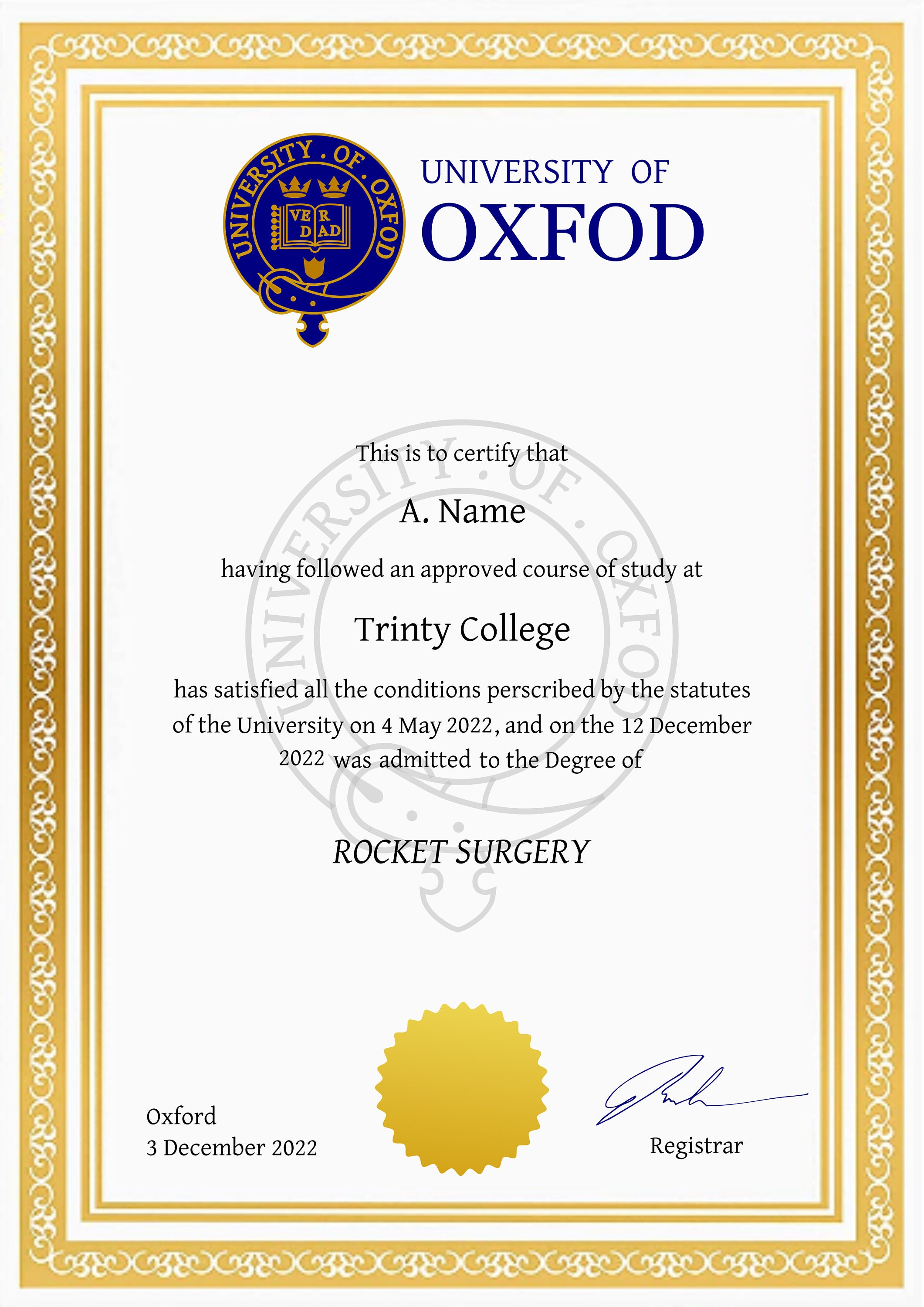 Novelty 'OXFOD' University Degree Certificate - Etsy