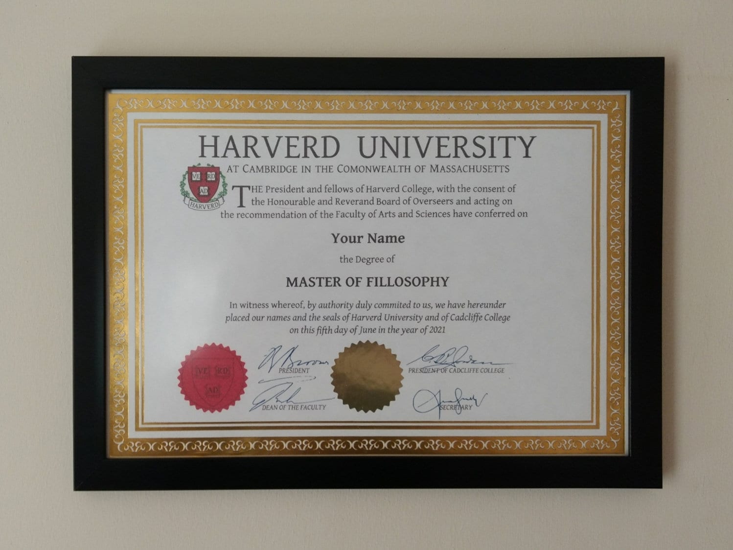 Novelty 'HARVERD' University Degree Certificate, With Gold Border and ...