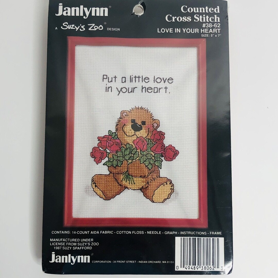 Vtg Janlynn Suzy's Love in Your Heart Bear Counted Cross Stitch Kit W ...