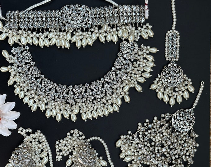Silver Pakistani Wedding Necklace With Jhoomar/full Bridal Choker With ...