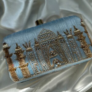 Taj Mahal Blue Gold Crossbody Bag/pakistani Wedding Clutch/square Small ...