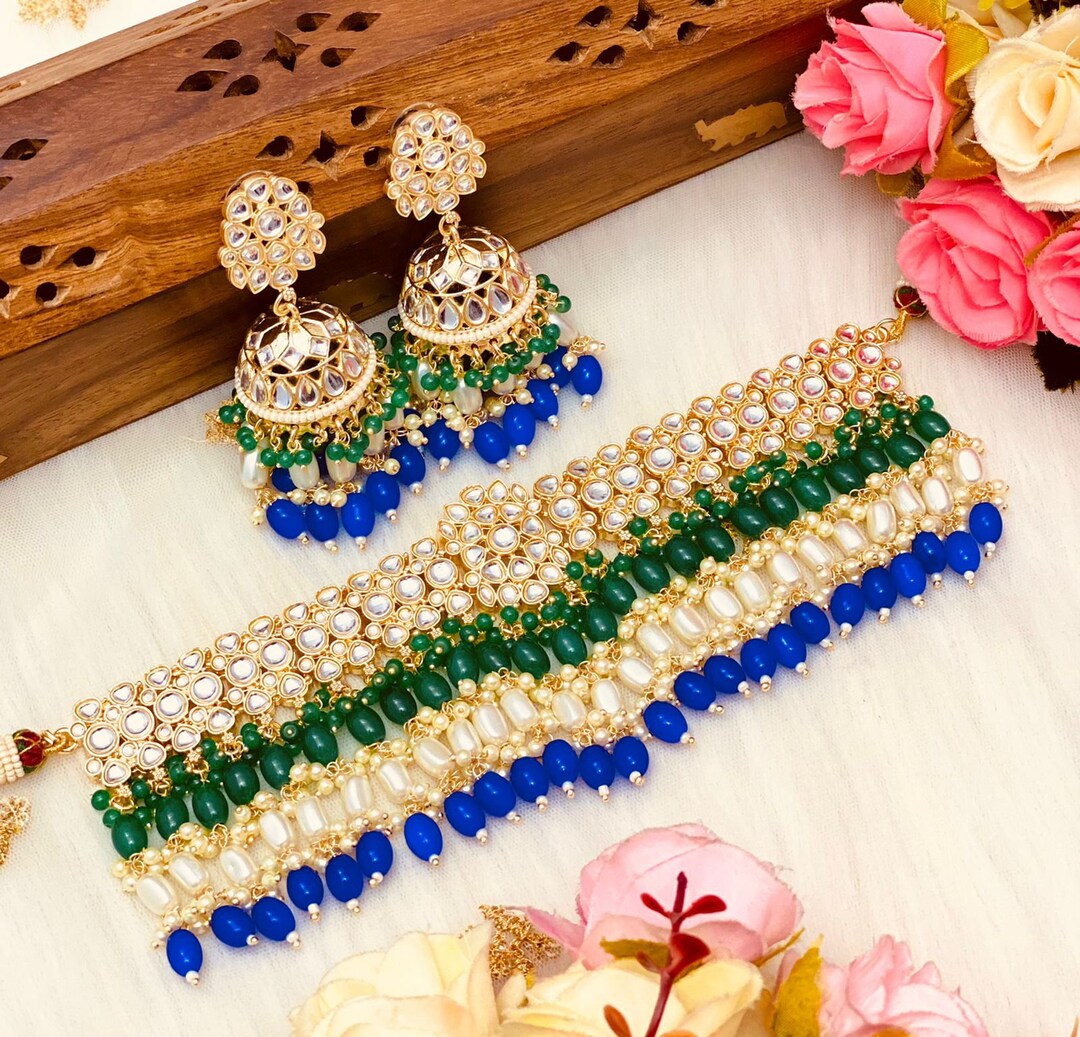 Indian Wedding Choker Set/colorful Bright Kundan Necklace Tikka/green ...