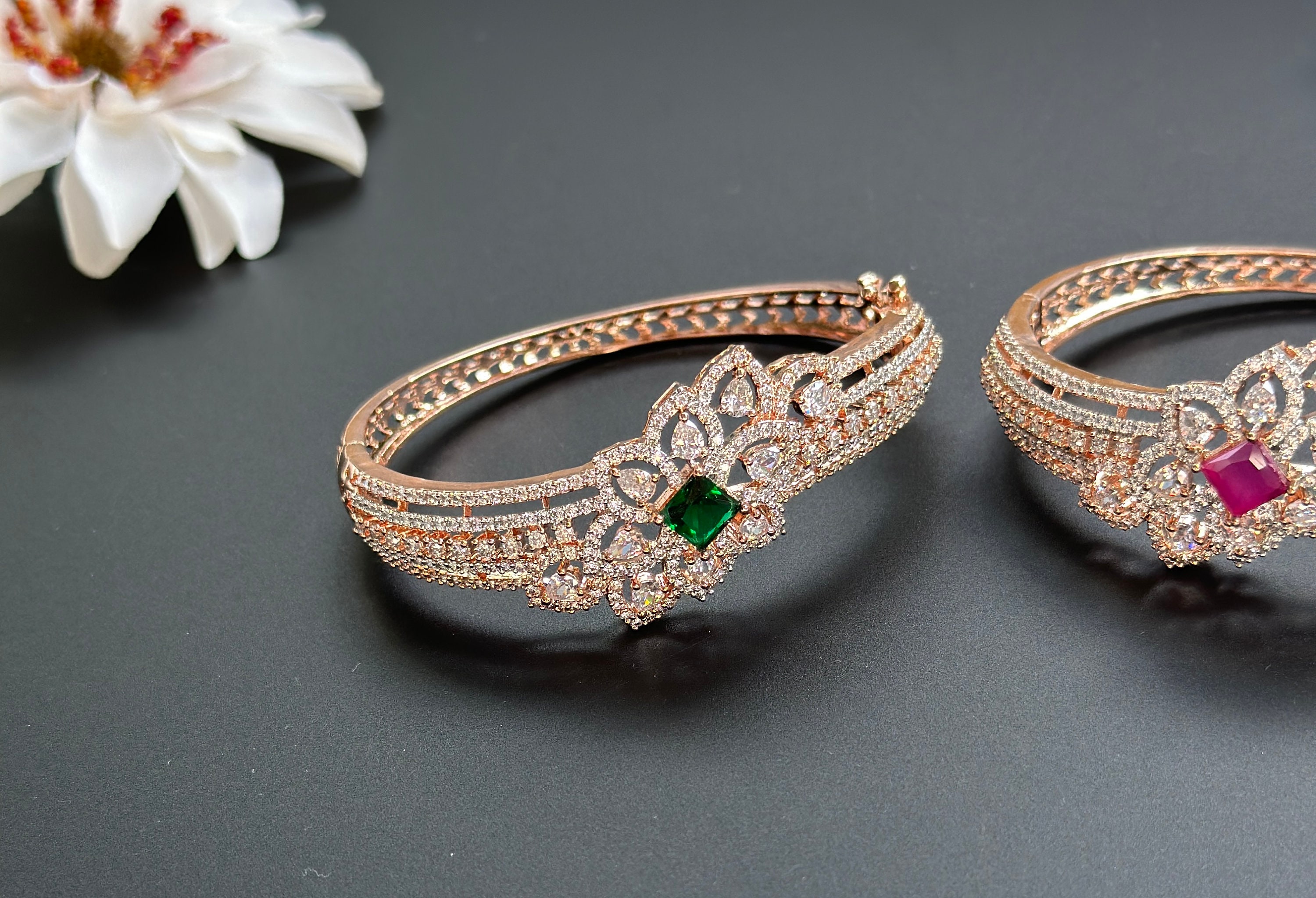 Rose Gold Emerald & Ruby Bangle: Floral CZ Bracelet - Etsy