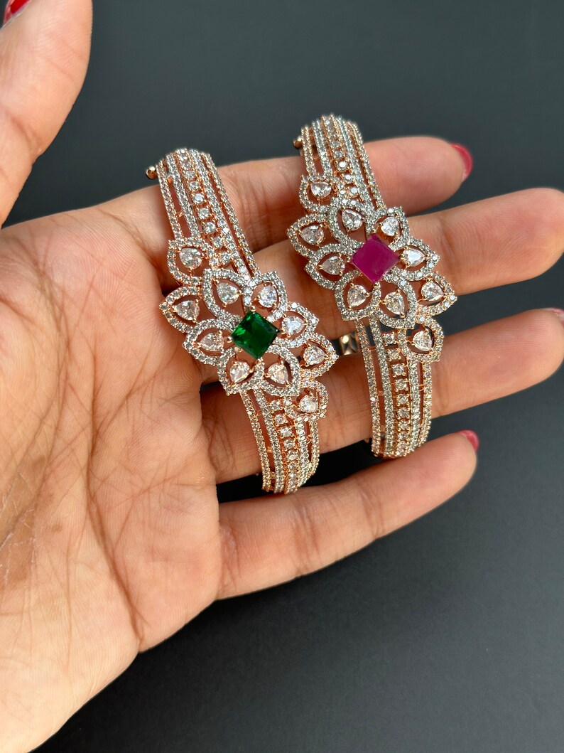 Rose Gold Emerald & Ruby Bangle: Floral CZ Bracelet - Etsy