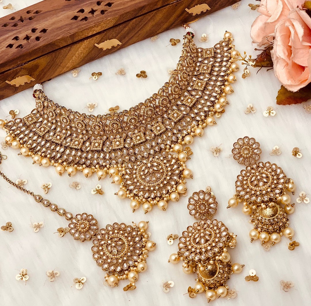 Gold Kundan Indian Bridal Jewelry Set: Polki Choker Necklace - Etsy