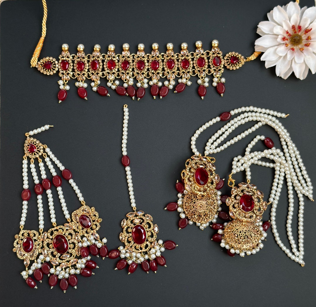 Ruby Red Pakistani Bridal Jewelry Set: Choker, Jhumka, Passa - Etsy