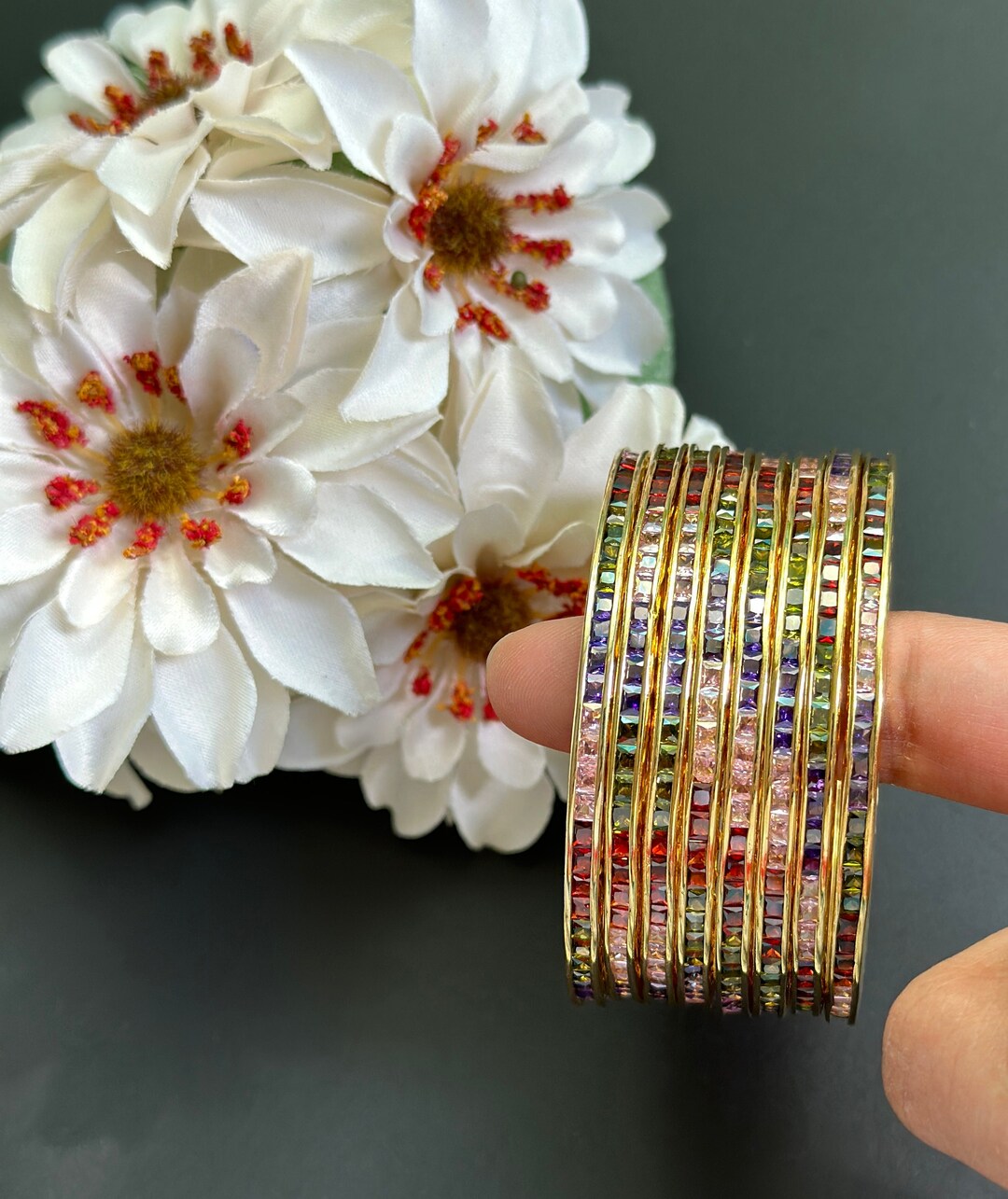 Green Gold Multi Color Bangle Set/green Colorful Kada/stack of Bracelets/indian Gold Bangle ...