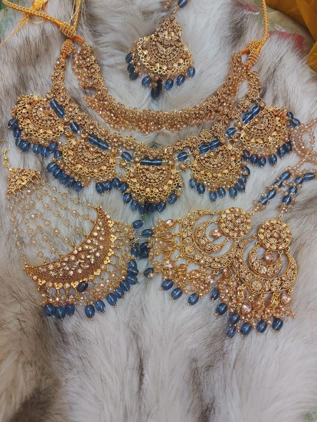 Pakistani Bridal Set/blue Gold Indian Necklace/choker With Passa/walima ...