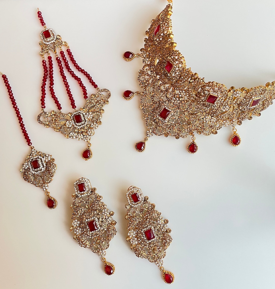 Gold Pakistani Jewelry Set/nikah Walima Jewelry/indian Bridal Necklace ...