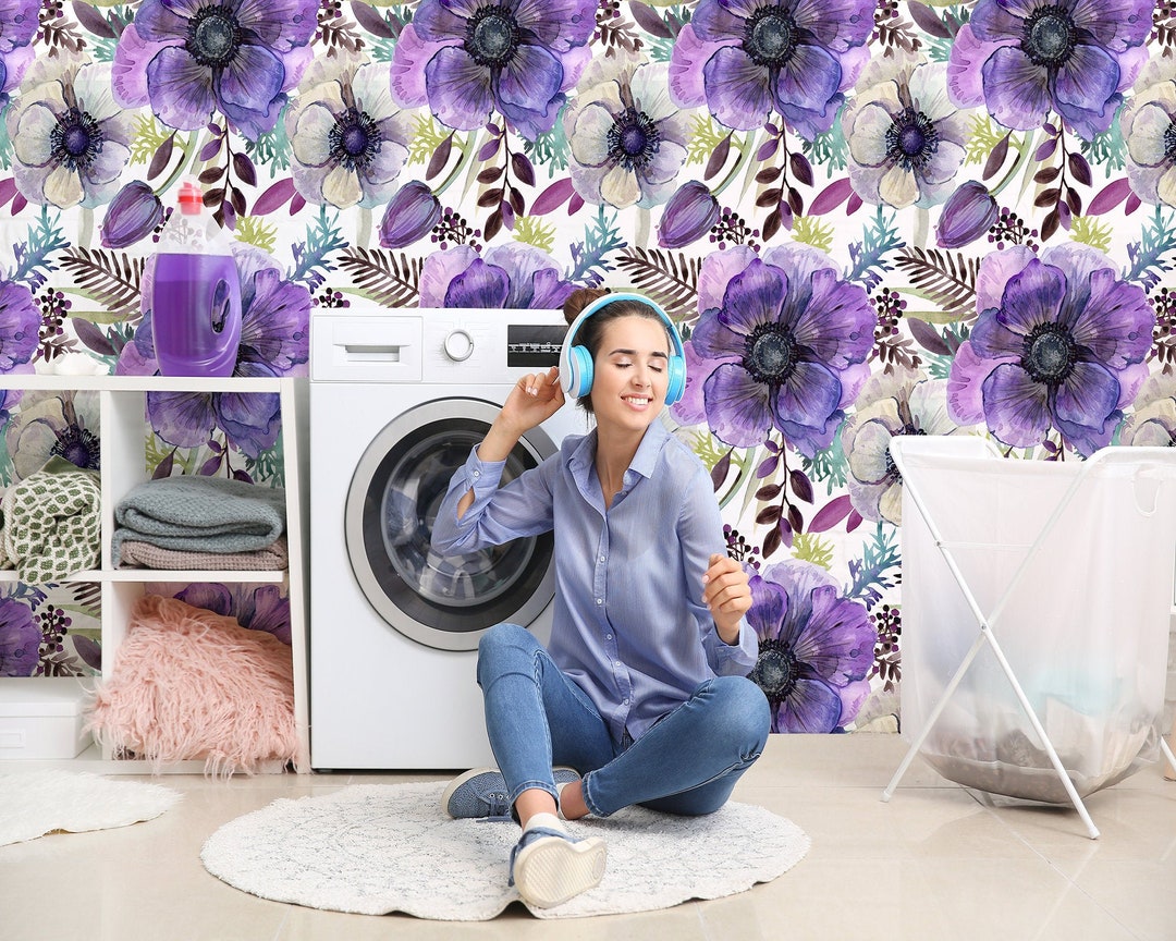 Violet Floral Wallpaper With Watercolor Flowers, Floral Peel and Stick ...