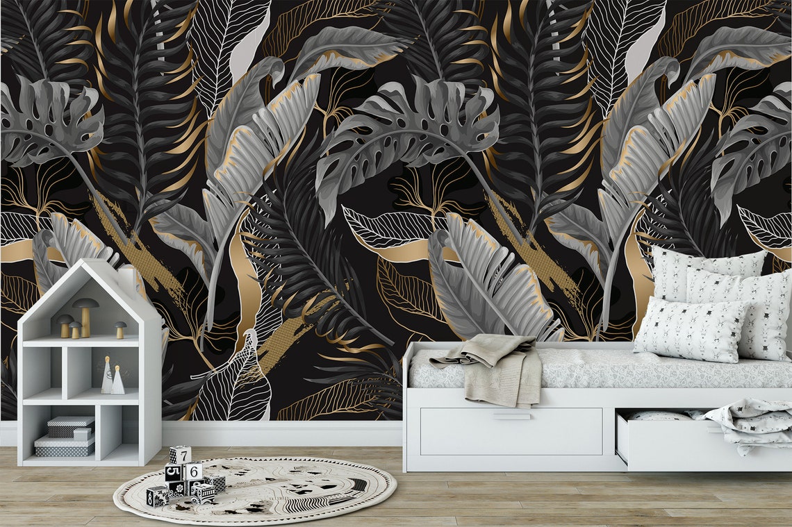 Wallpaper With Black and White Tropical Leaves and Yellow Elements ...