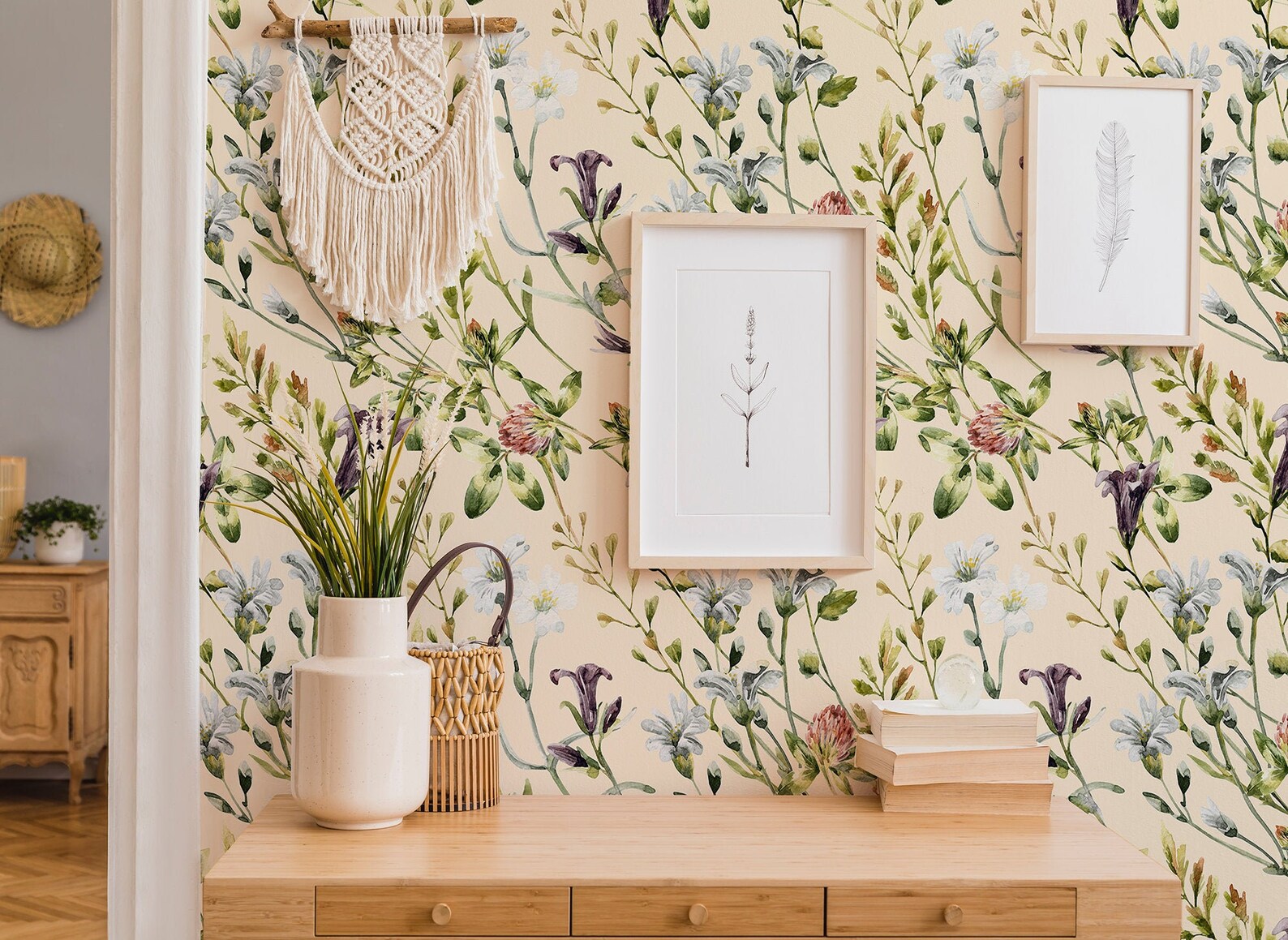 Light Beige Wallpaper With Watercolor Field Flowers and - Etsy