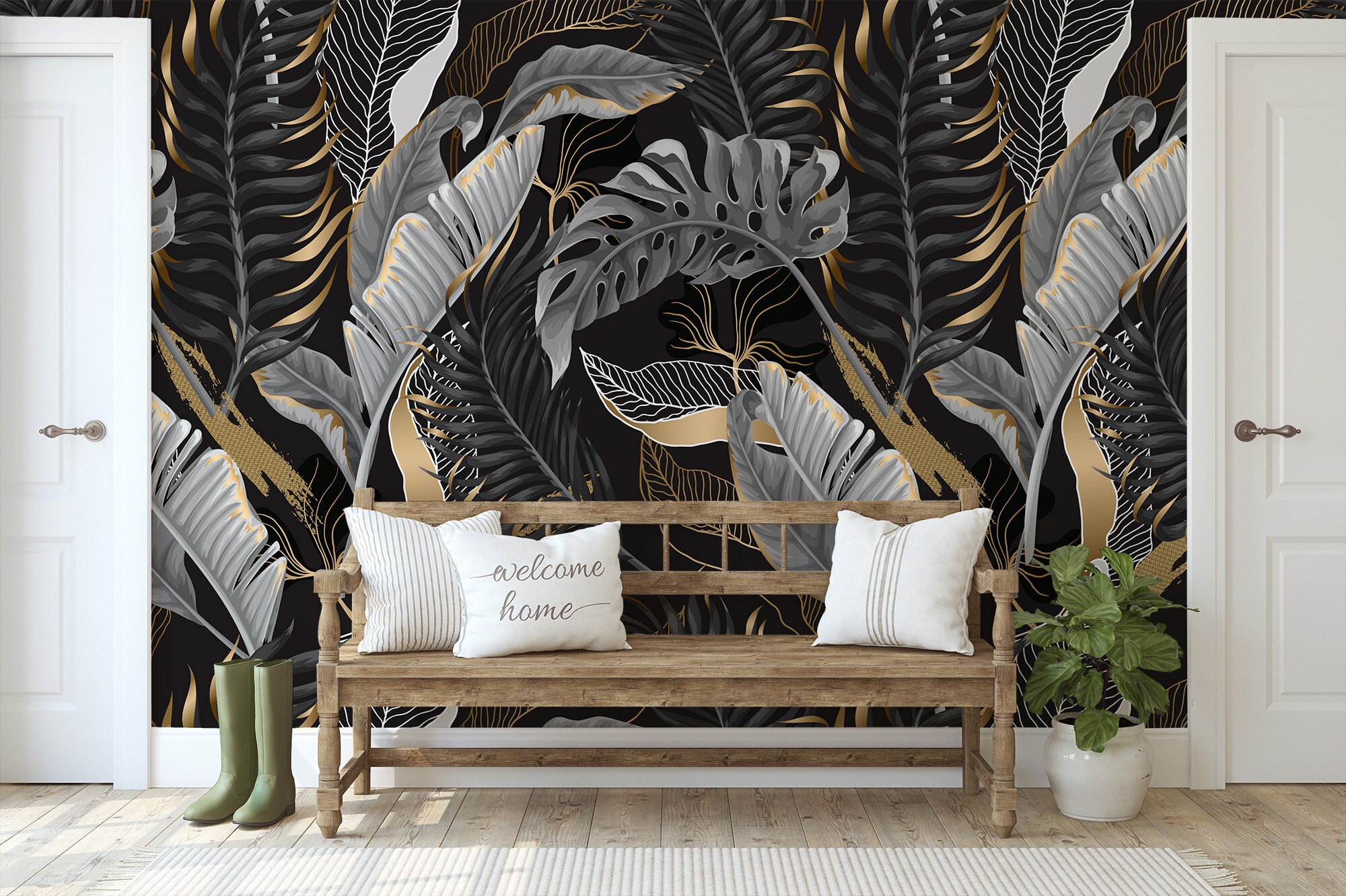 Wallpaper With Black and White Tropical Leaves and Yellow Elements ...