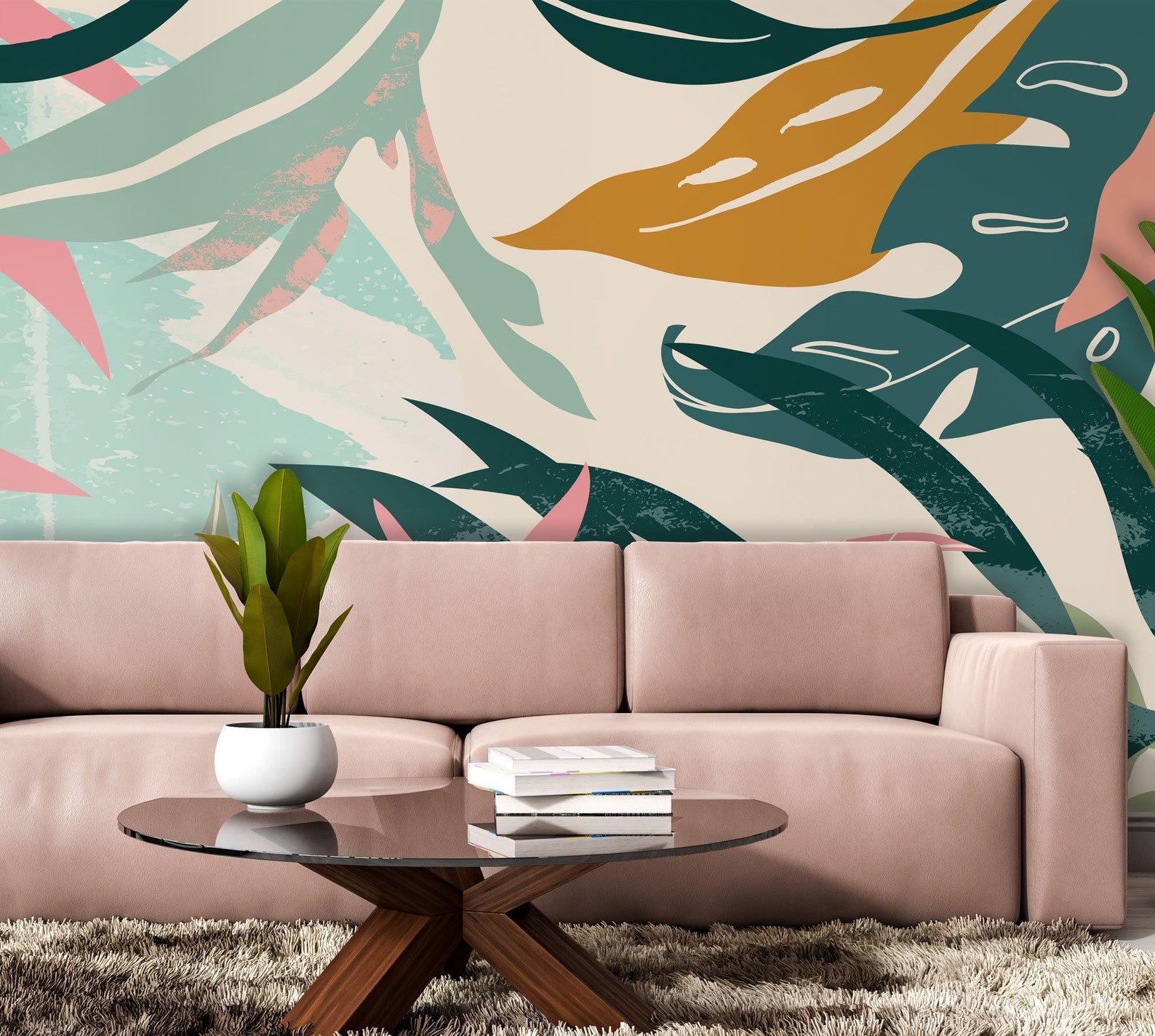 Abstract Tropical Wallpaper With Palm, Monstera Leaves, Peel and Stick ...