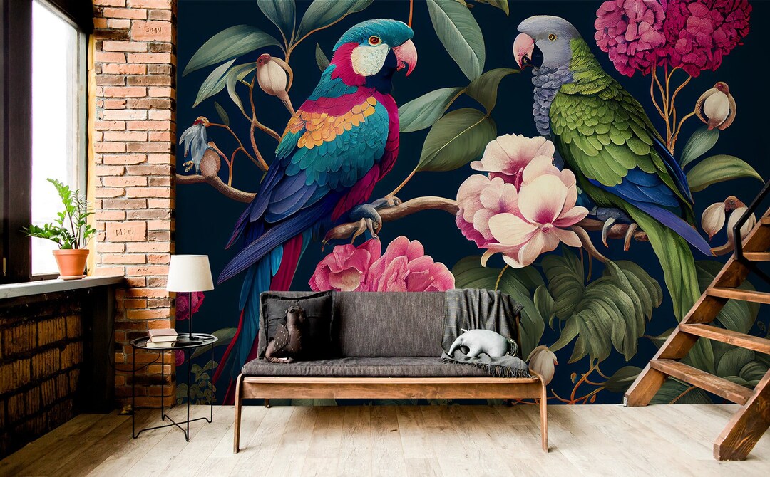 Tropical Wallpaper With Parrots and Flowers, Wall Mural, Removable ...
