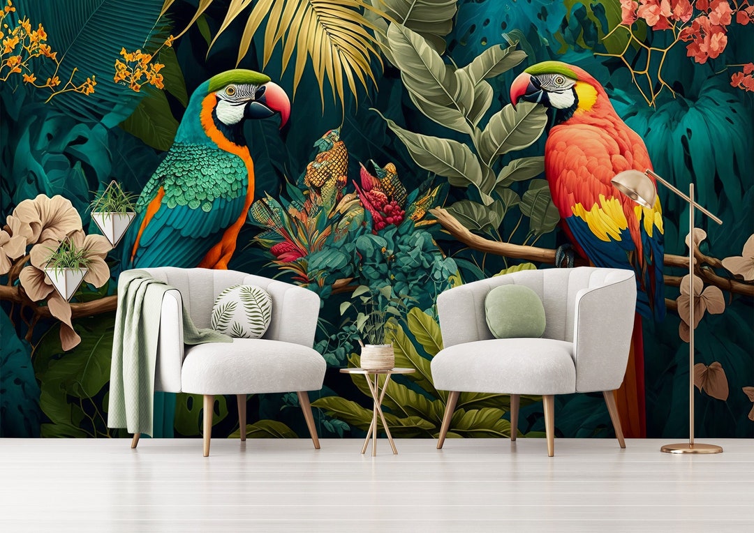 Tropical Bird Wallpaper, Rainforest, Parrots, Wall Mural, Removable ...