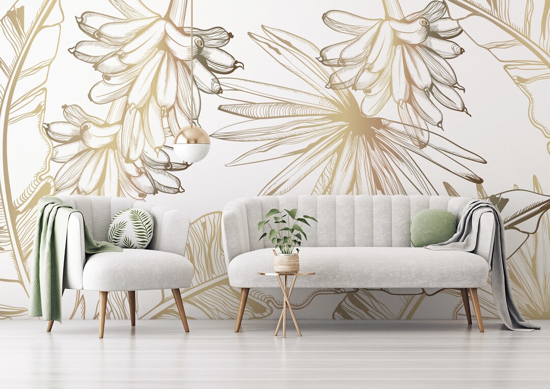 Tropical Palm Leaves Bananas Peel and Stick Wallpaper, Matte Gold Wall ...