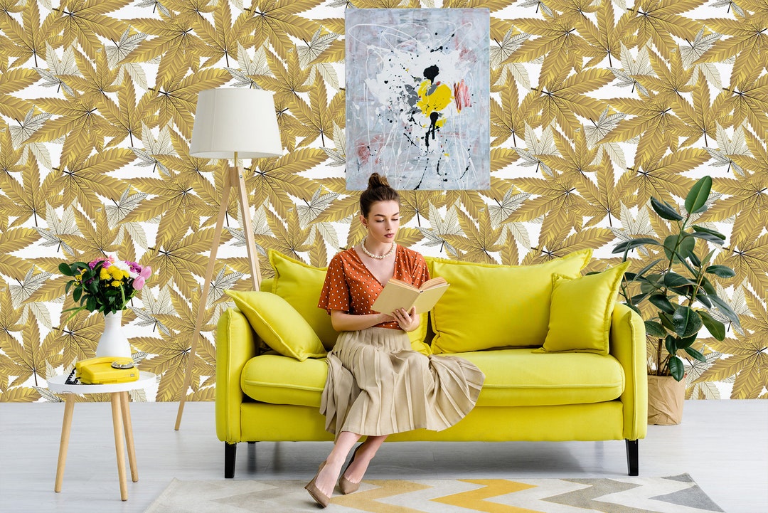 Abstract Wallpaper, Cannabis Yellow Leaf, Wall Mural, Peel and Stick ...