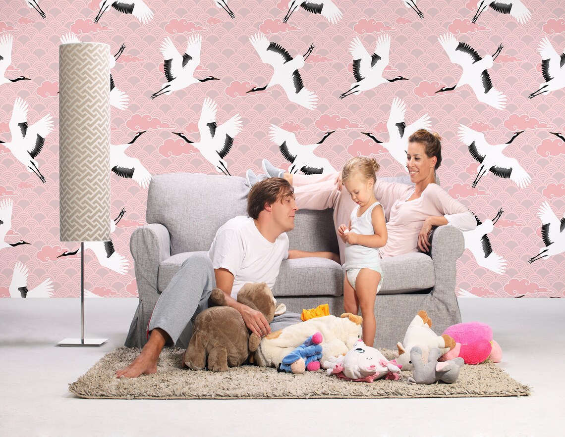 Vector Wallpaper With Pink Background Cranes and Clouds Kids - Etsy