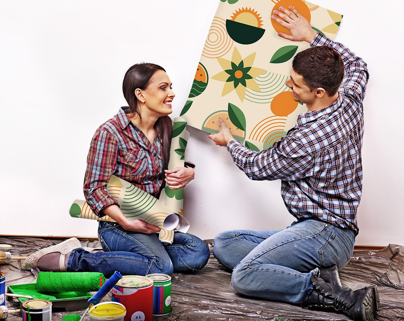 Tropical Wallpaper, Orange, Green Leaf and Fruit Pattern, Wall Mural ...