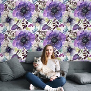 Violet Floral Wallpaper With Watercolor Flowers, Floral Peel and Stick ...
