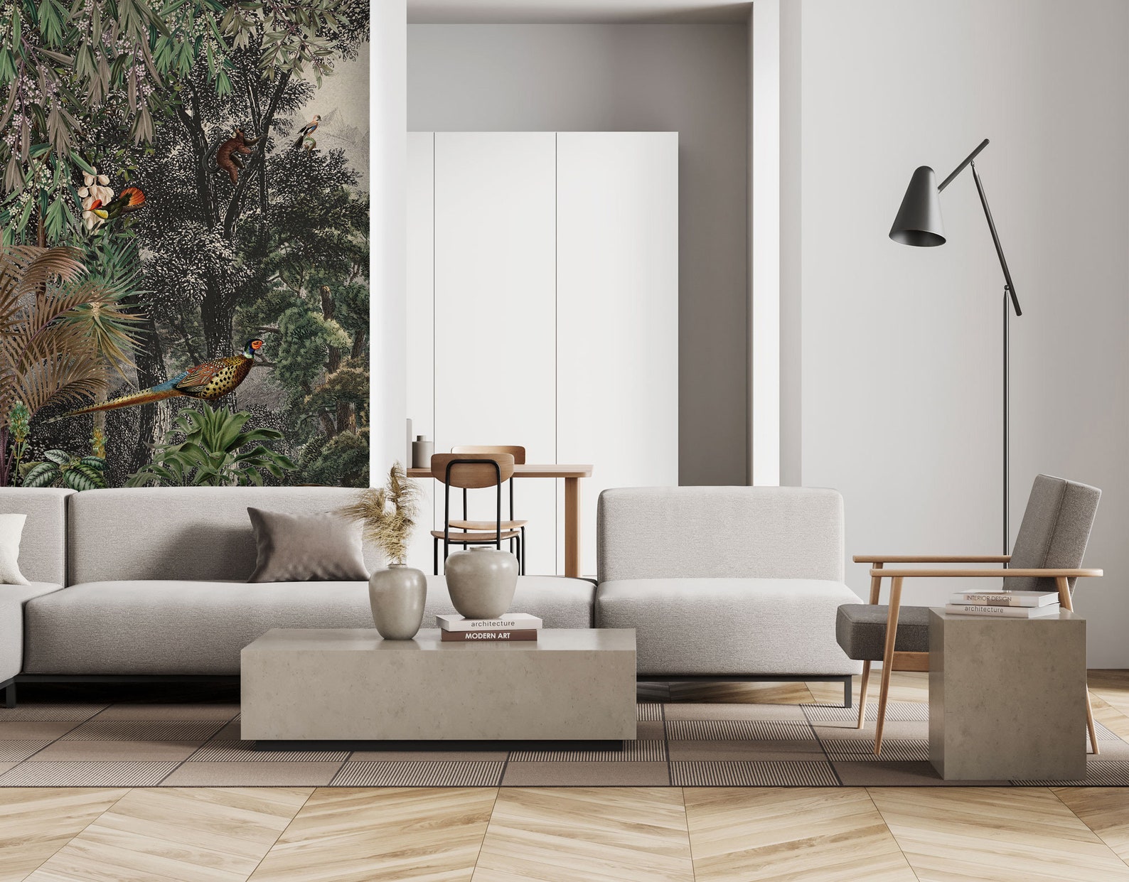 Vintage Wallpaper With Forest Landscape of Trees With Animals, Peel and ...